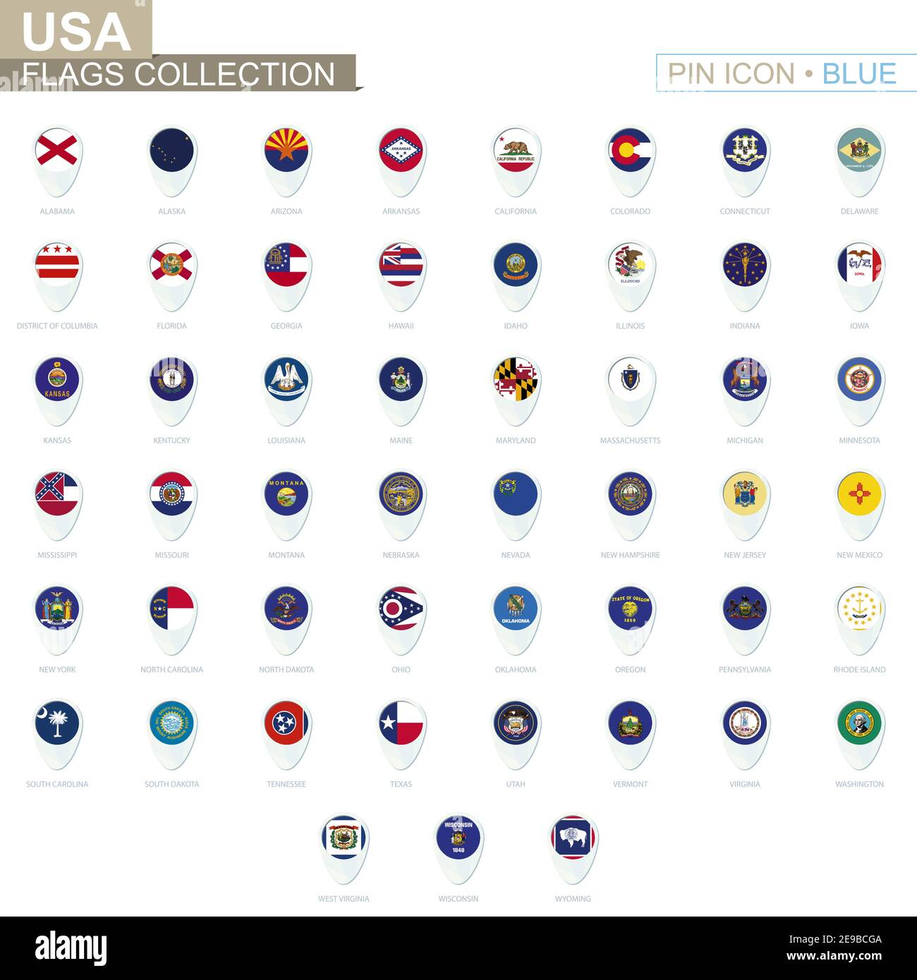 Usa State Flags Collection Big Set Of Blue Pin Icon With Flags Of Us