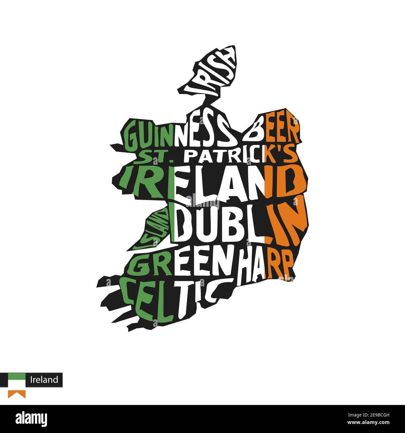 Typography map silhouette of Ireland in black and flag colors. Vector ...