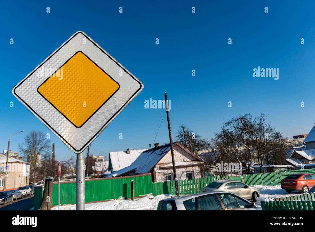 European sign road priority, sign main road on blue sky background on ...