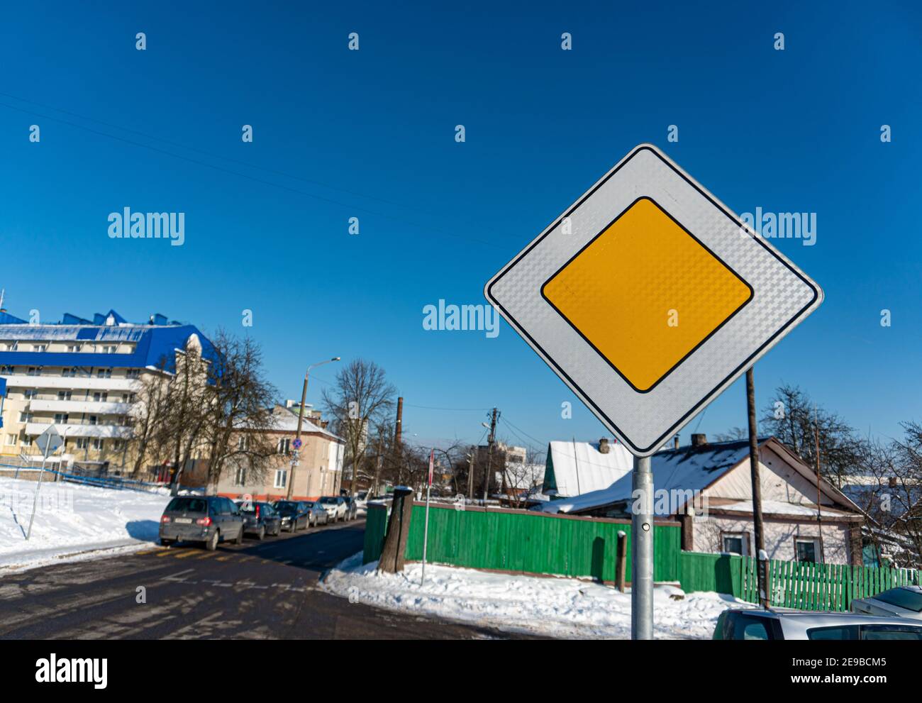 European sign road priority, sign main road on blue sky background on ...