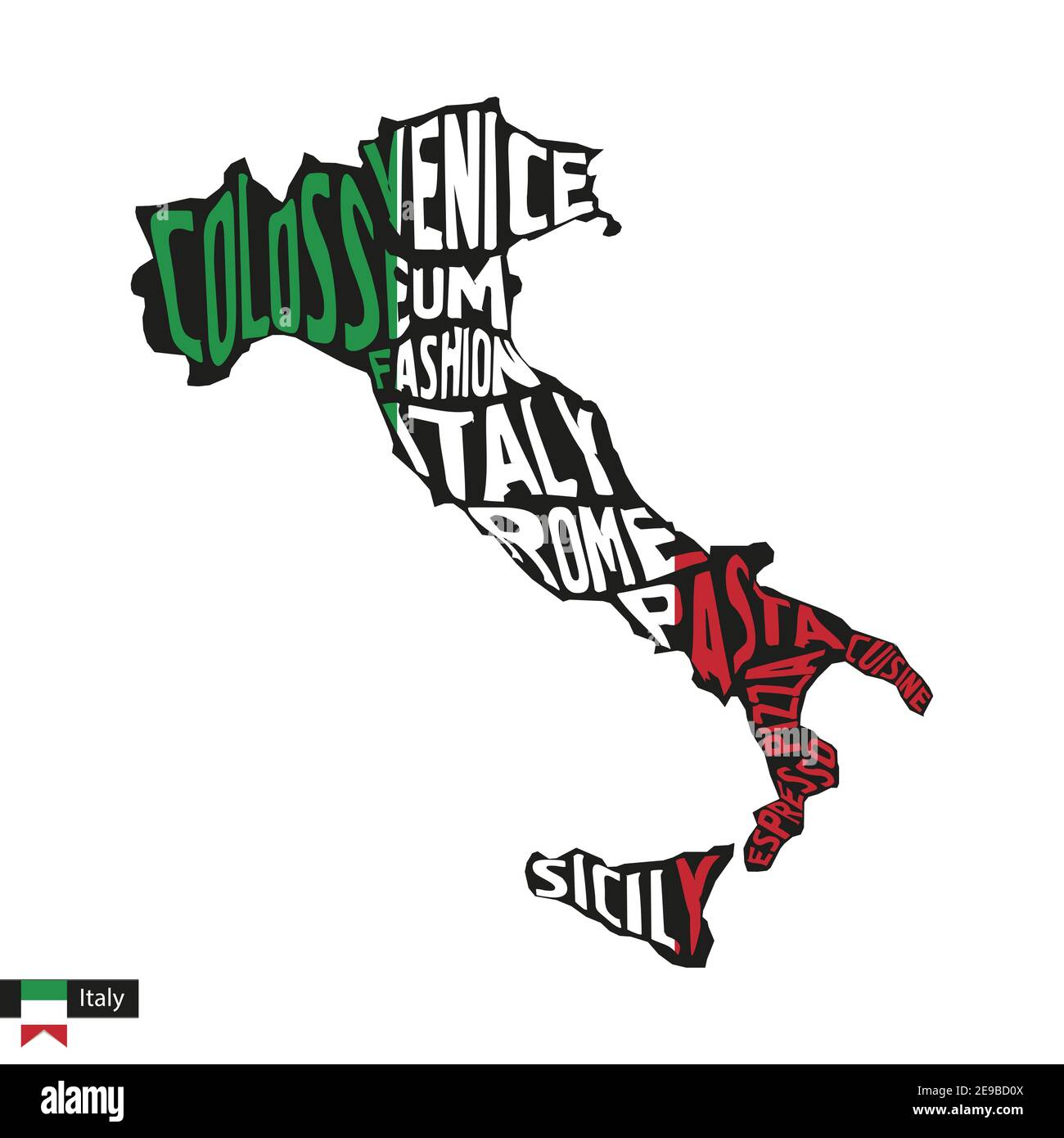 Typography map silhouette of Italy in black and flag colors. Vector ...