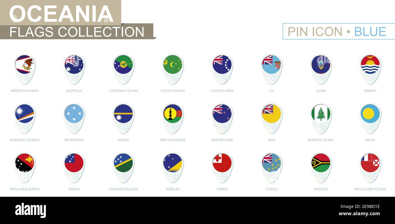 Oceania flags collection. Big set of blue pin icon with flags of ...