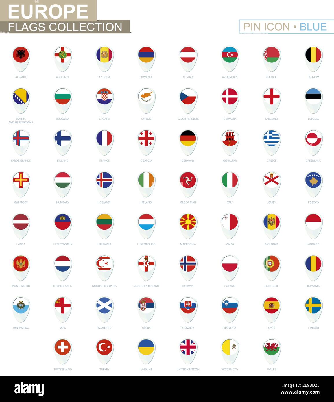 Europe flags collection. Big set of blue pin icon with flags of ...