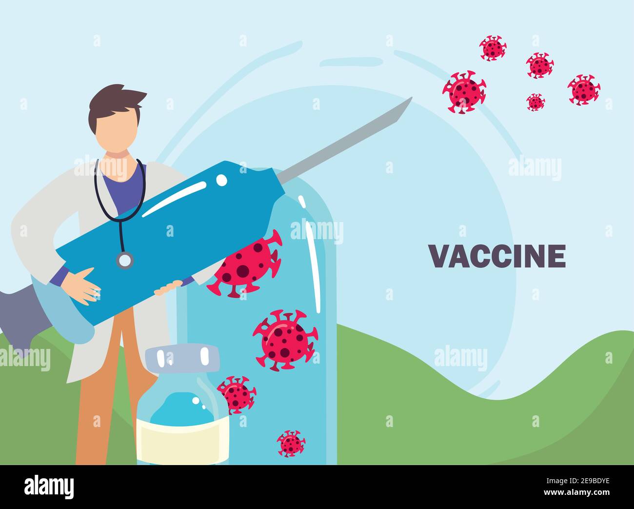 doctor man with covid 19 virus vaccine injection and jar outside design ...