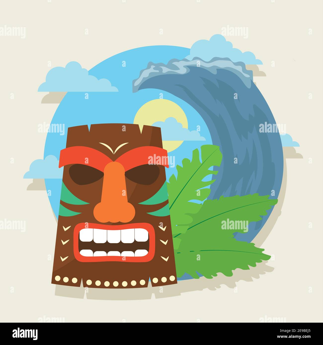Tiki cartoons with leaves and sea design of Hawaiian tropical summer ...