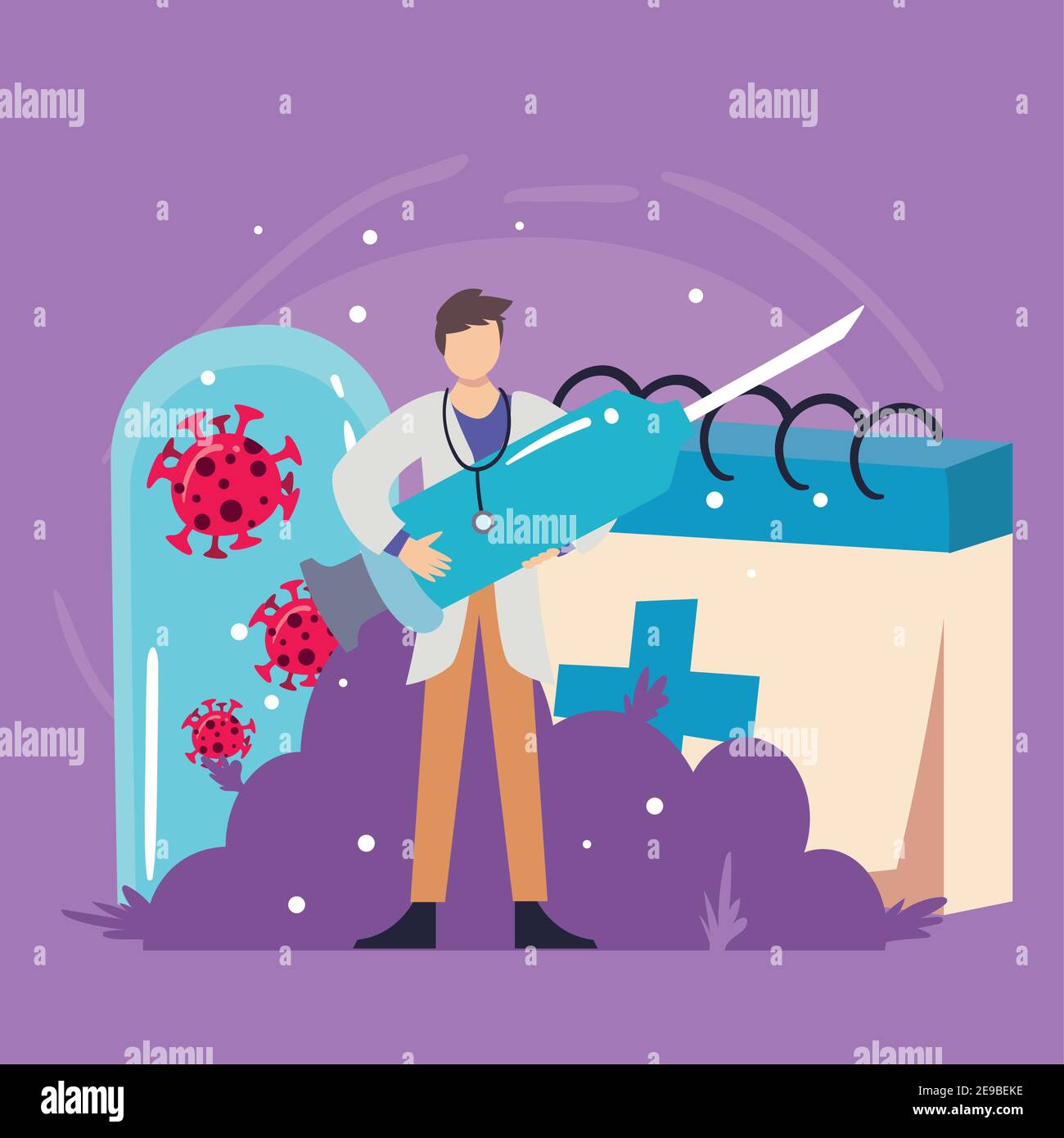 doctor man with covid 19 virus vaccine injection and cross calendar ...