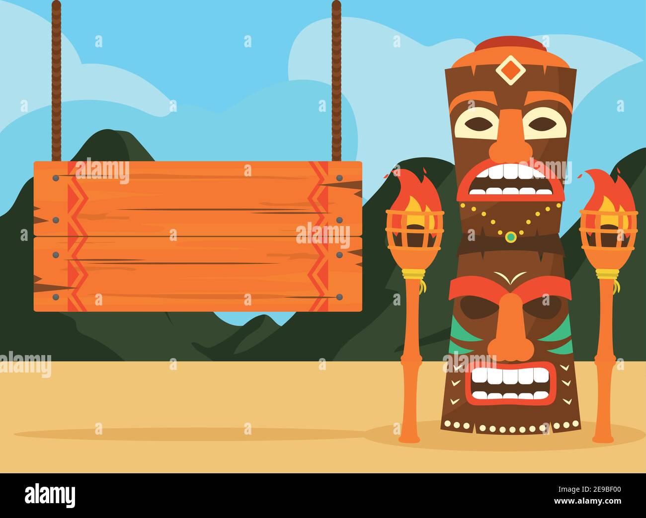 Tiki cartoon with torches and wood banner design of Hawaiian tropical ...