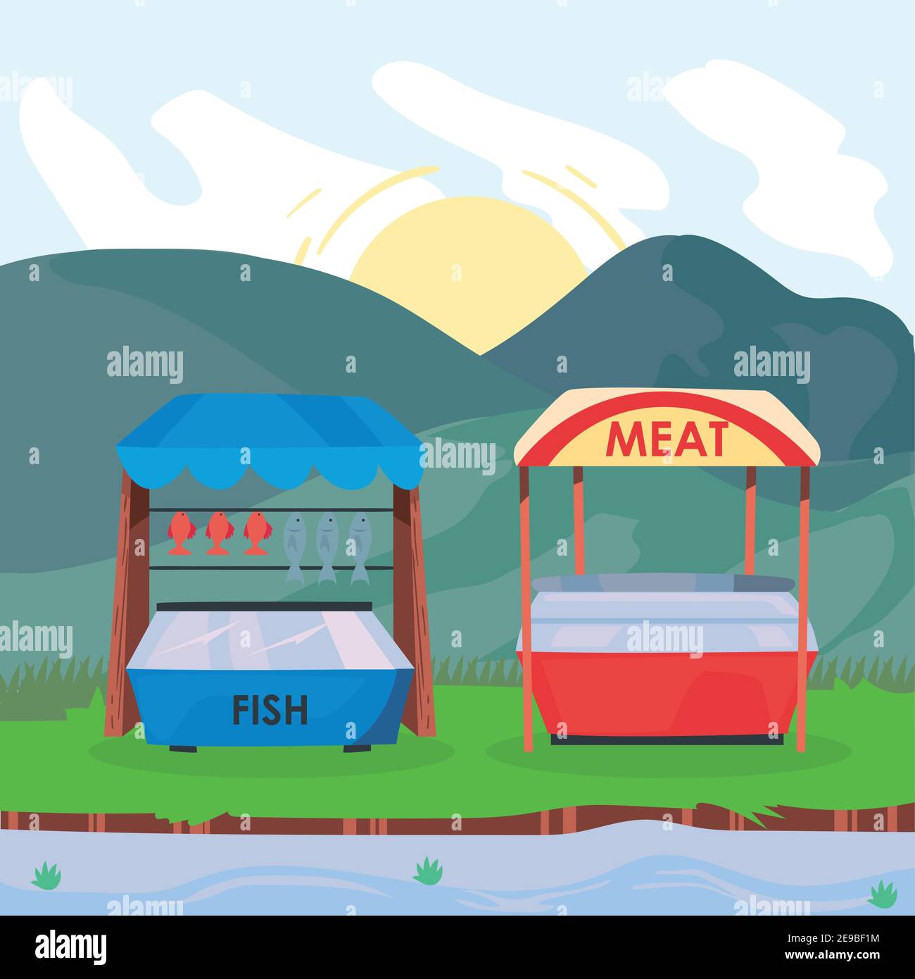 Fish and meat markets design of shop retail store and buy theme Vector ...