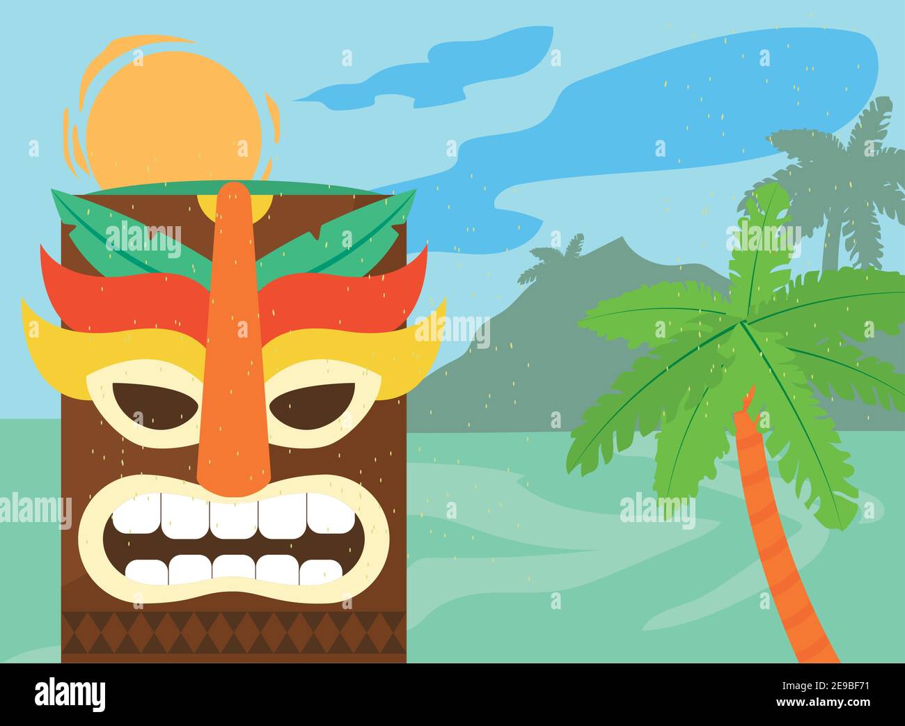 Tiki cartoon and palm tree design of Hawaiian tropical summer and ...