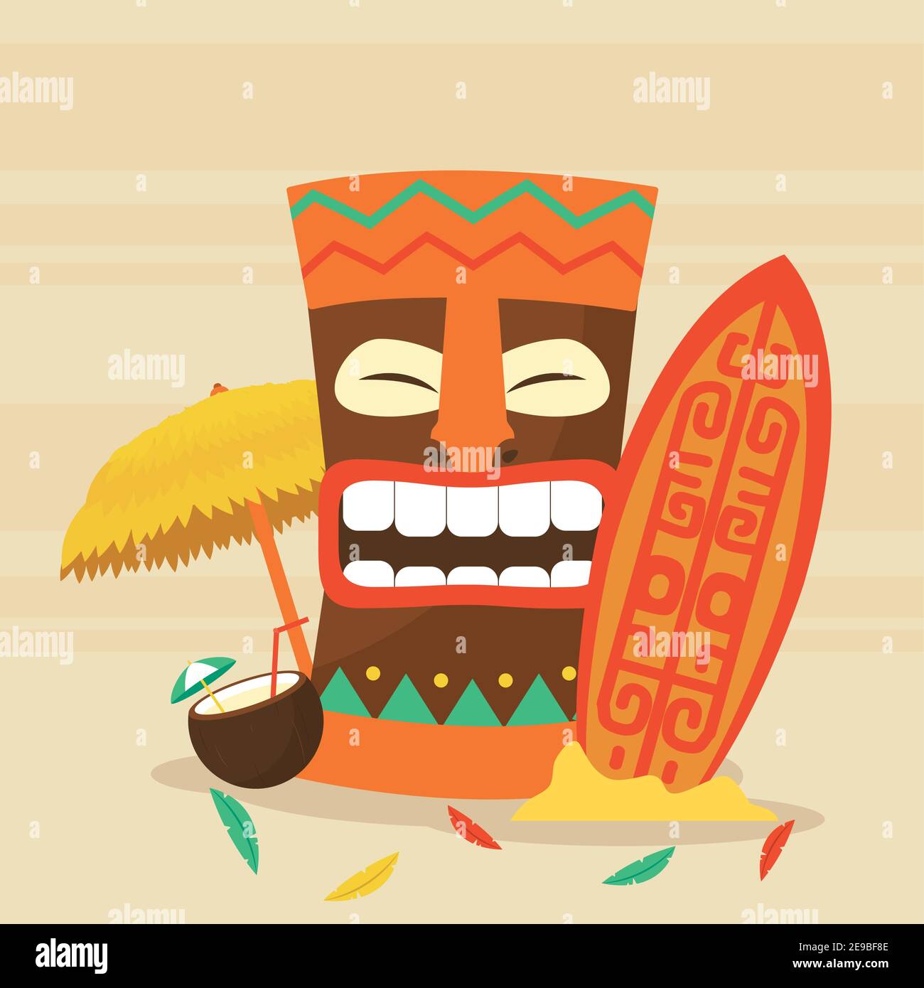 Tiki cartoon surfboard umbrella and coconut cocktail design of Hawaiian ...