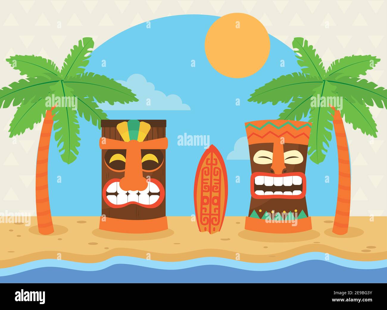 Tiki cartoons surfboard and palm trees at beach design of Hawaiian ...