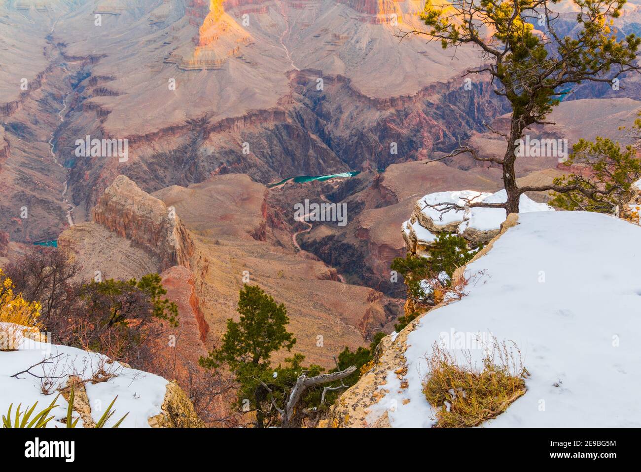 Snow Covered Pima Point and The Colorado River Gorge Below, Grand ...