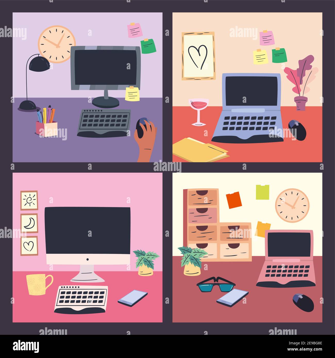workplace desks set design, work office and telecommuting theme Vector ...