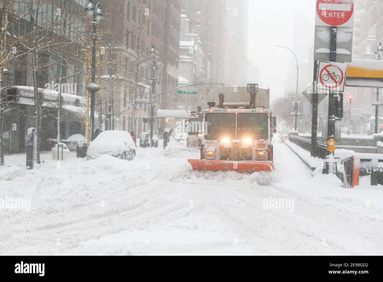 New York City , NY USA Several Snow Plows clearing snow from Park ...