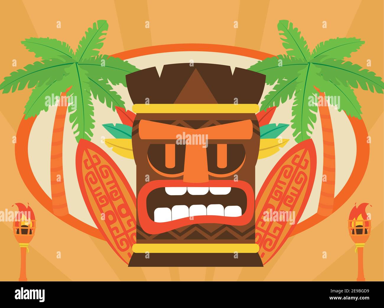Tiki cartoon surfboards palm trees and torches design of Hawaiian ...