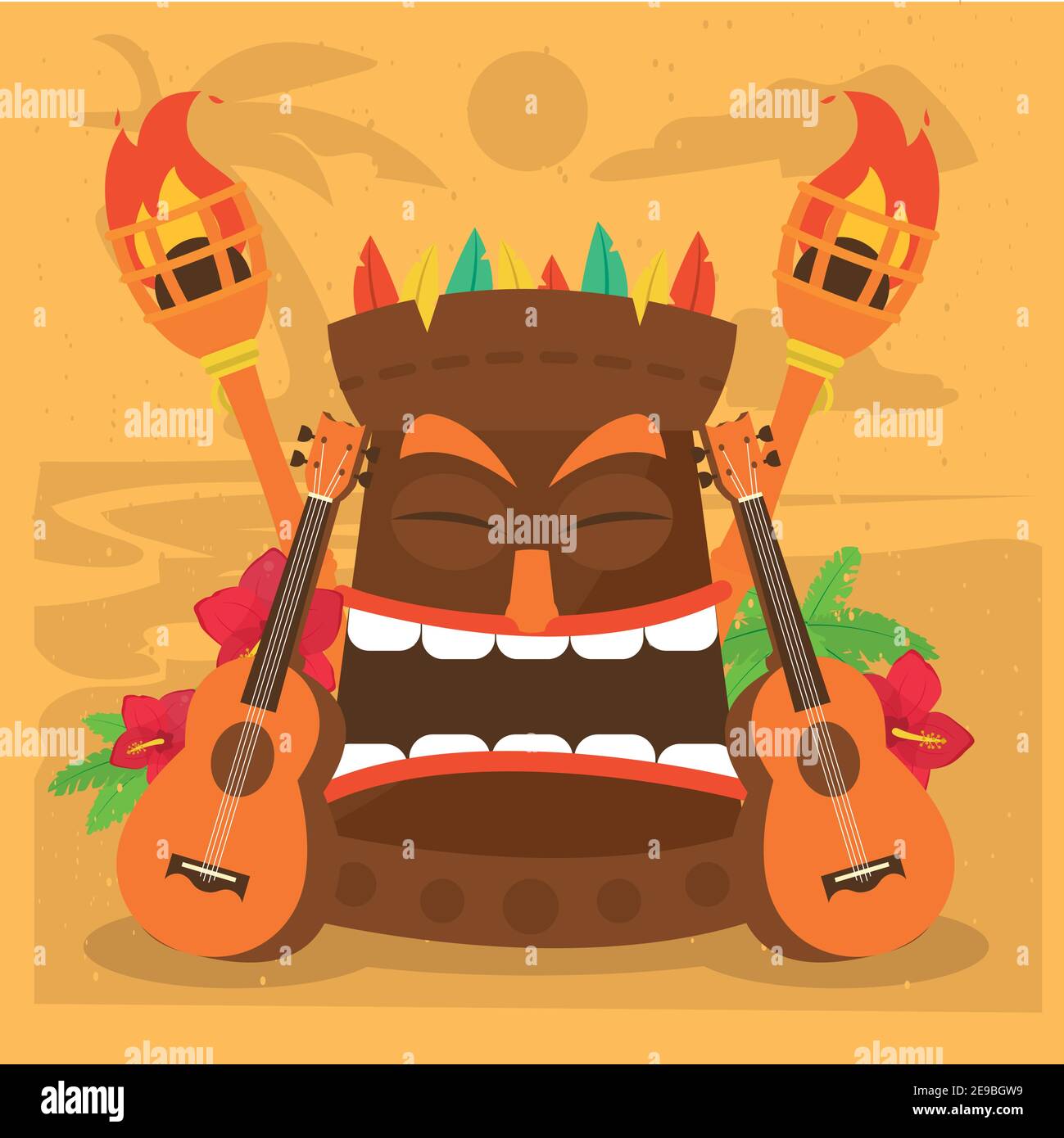 Tiki cartoon with guitars design of Hawaiian tropical summer and exotic ...