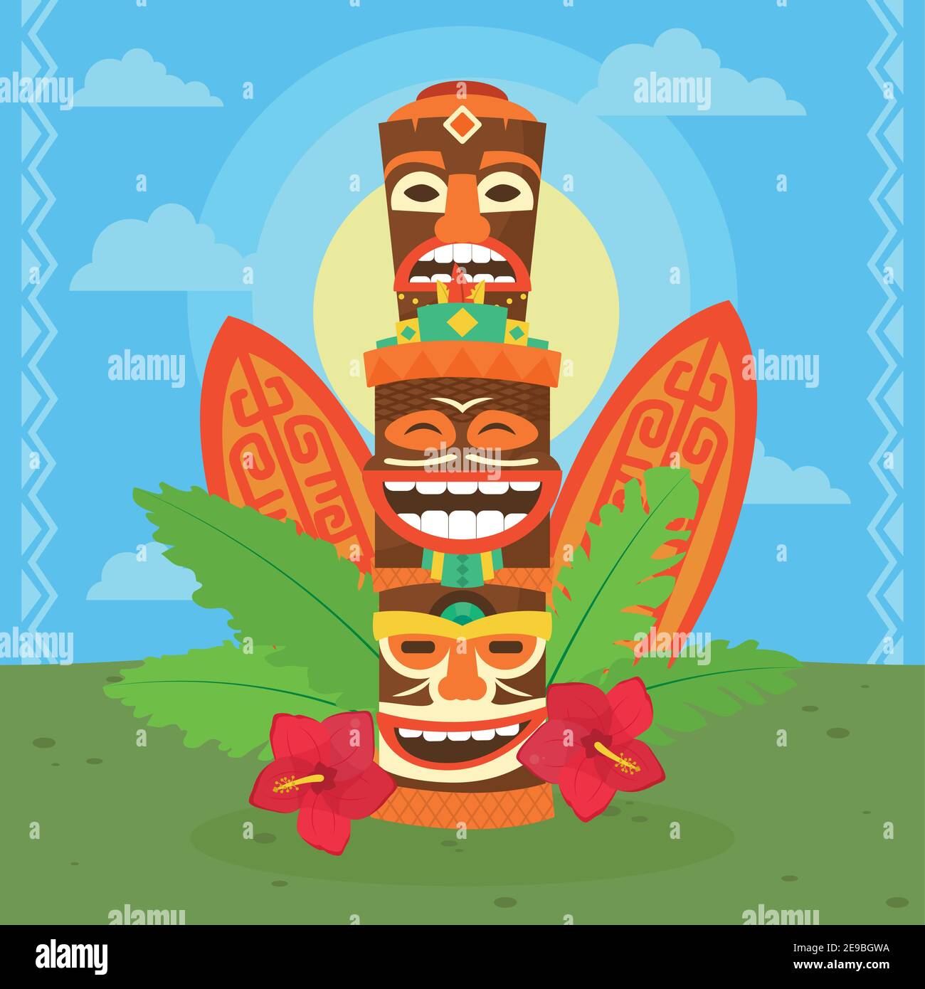 Tiki cartoons with surfboads outside design of Hawaiian tropical summer ...