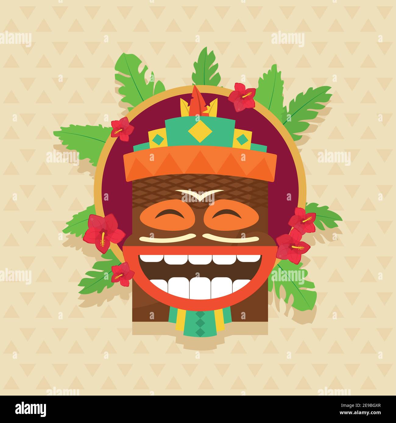 Tiki cartoon with flowers and palm leaves design of Hawaiian tropical ...