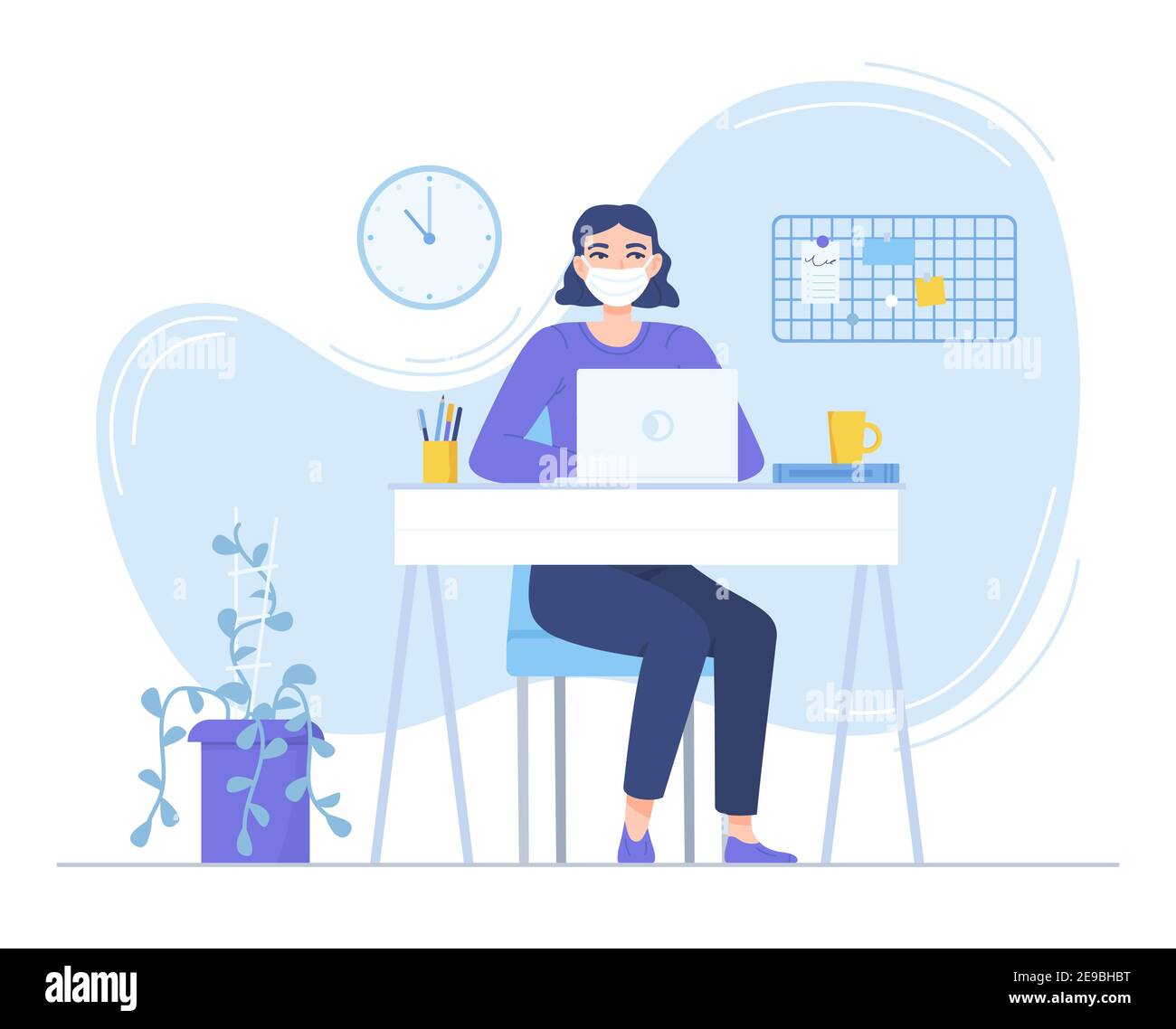 Girl in face mask sitting at the desk with laptop. Lockdown, remote ...