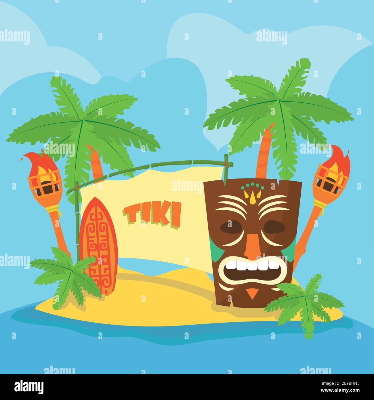 Tiki cartoon with torches and palm trees design of Hawaiian tropical ...