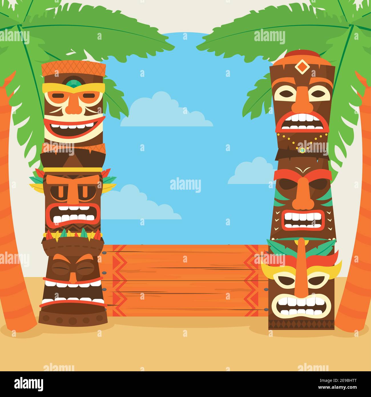 Tiki cartoons with palm trees and clouds design of Hawaiian tropical ...