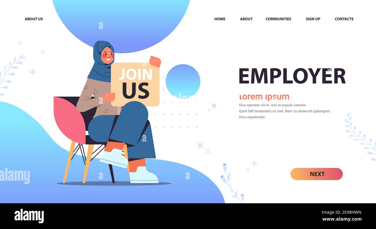 arab woman hr manager holding we are hiring join us poster vacancy open ...