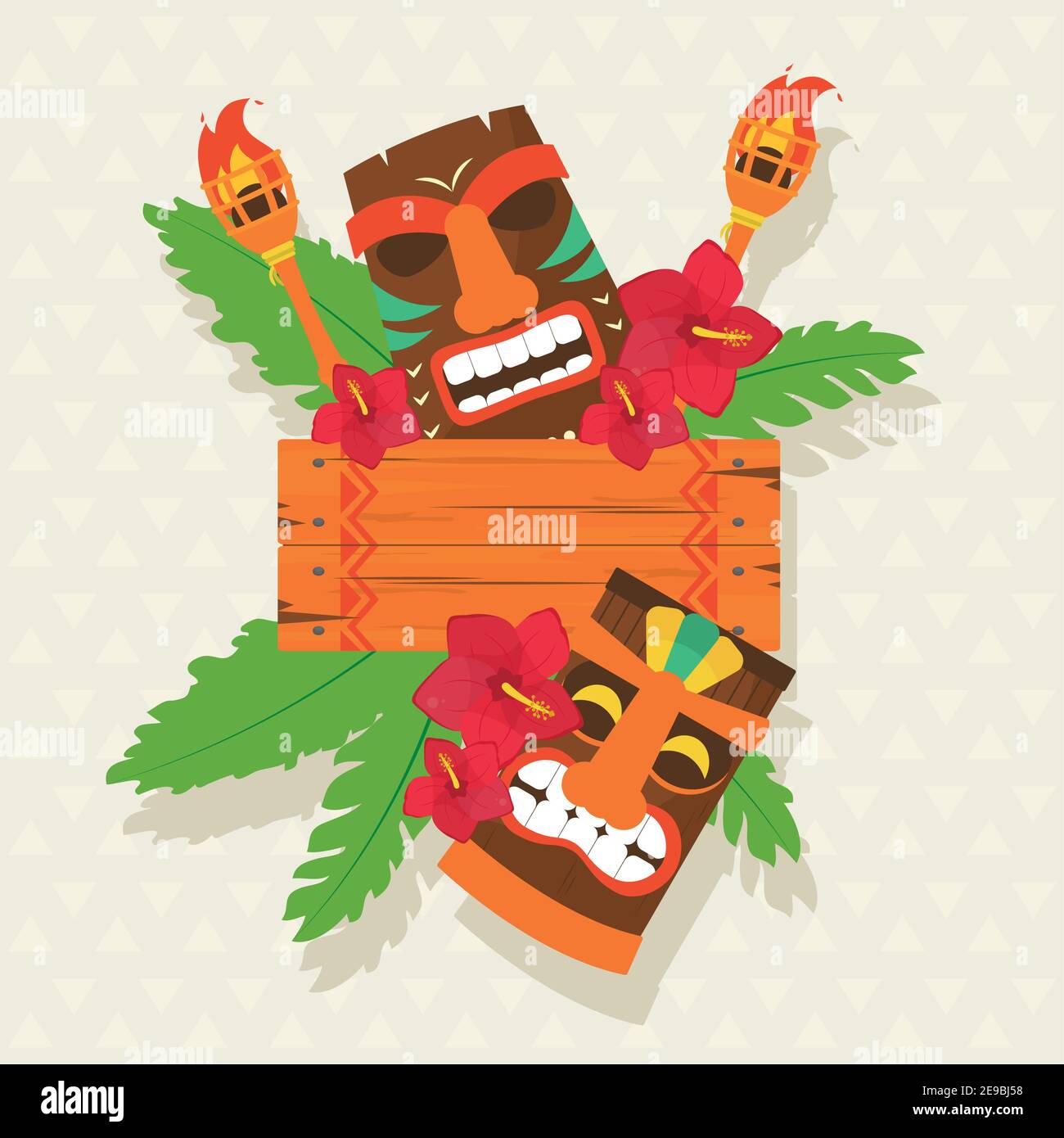 Tiki cartoons with wood banner design of Hawaiian tropical summer and ...