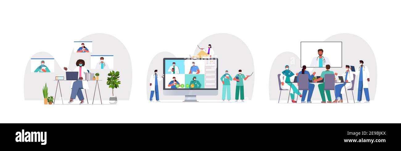 set doctors having video conference mix race medical specialists ...