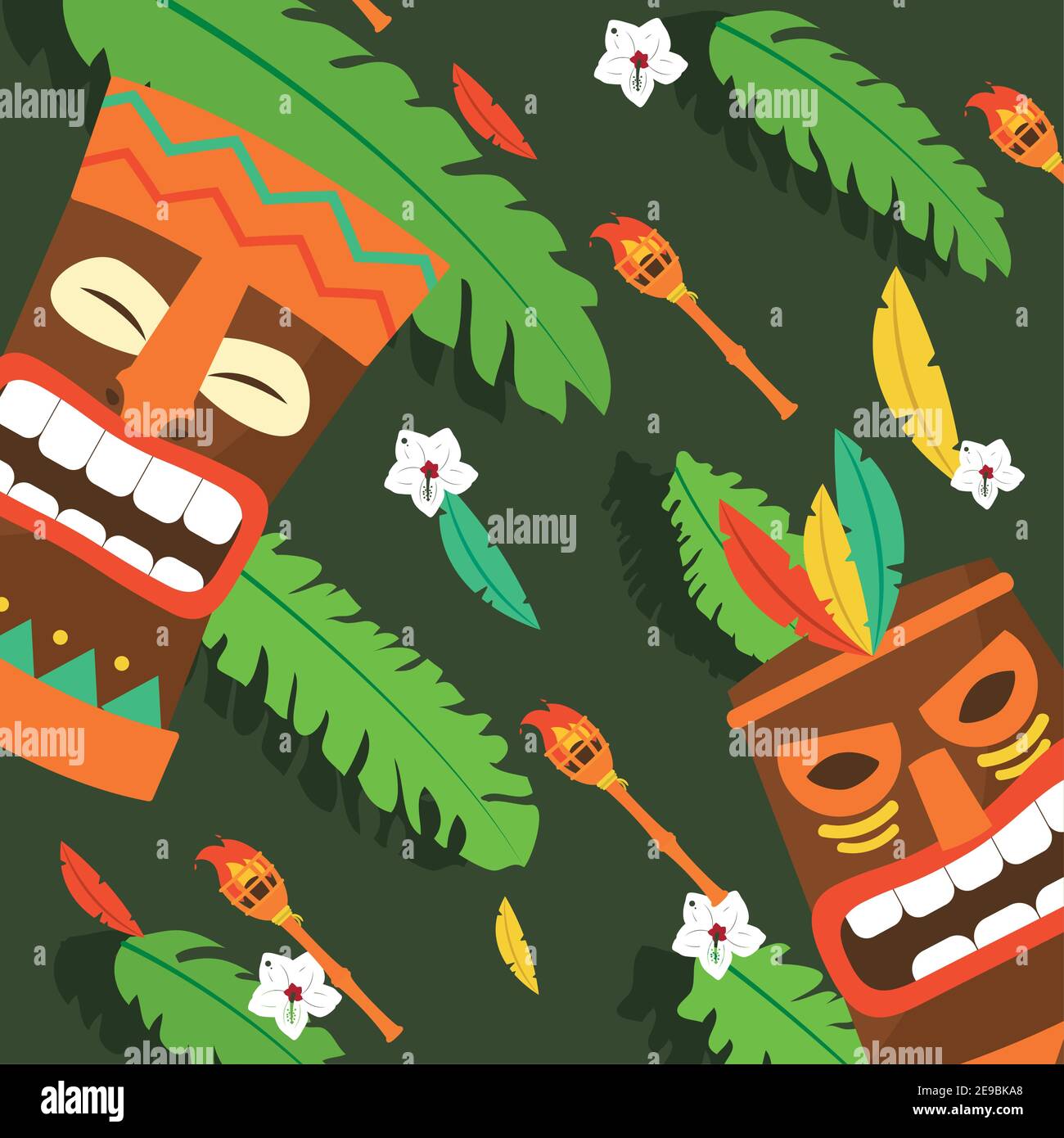 Tiki cartoons with torches background design of Hawaiian tropical ...