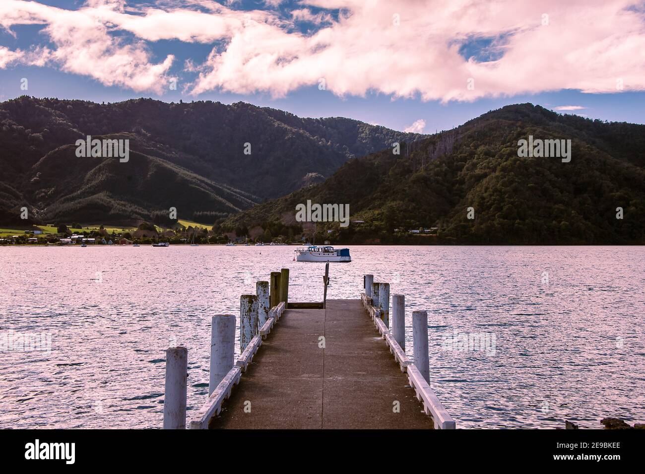 Groves Arm Jetty in Momorangi Bay, near Picton, New Zealand. View along ...
