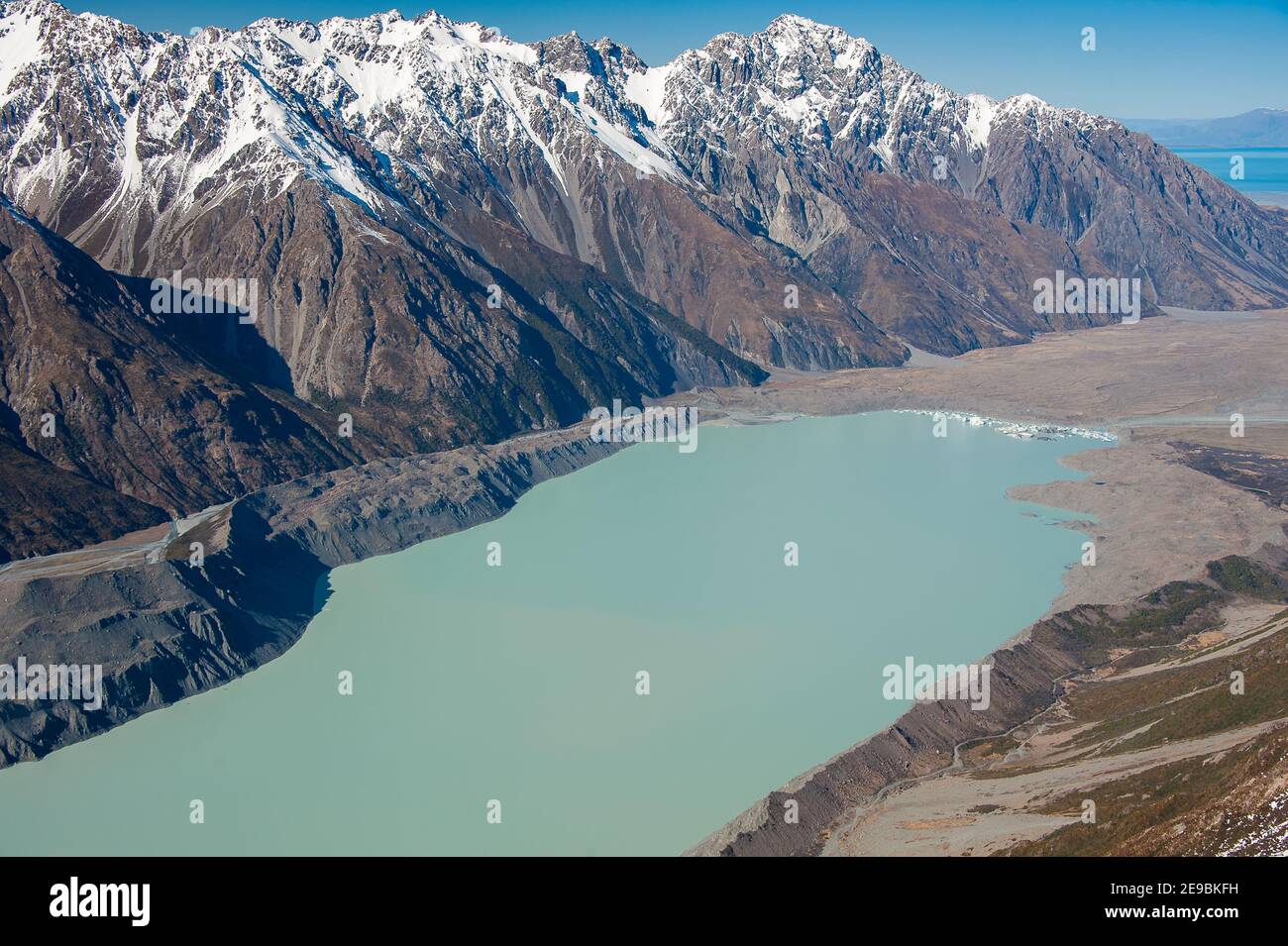 Aerial view of the Tasman River terminal lake in Mount Cook National ...