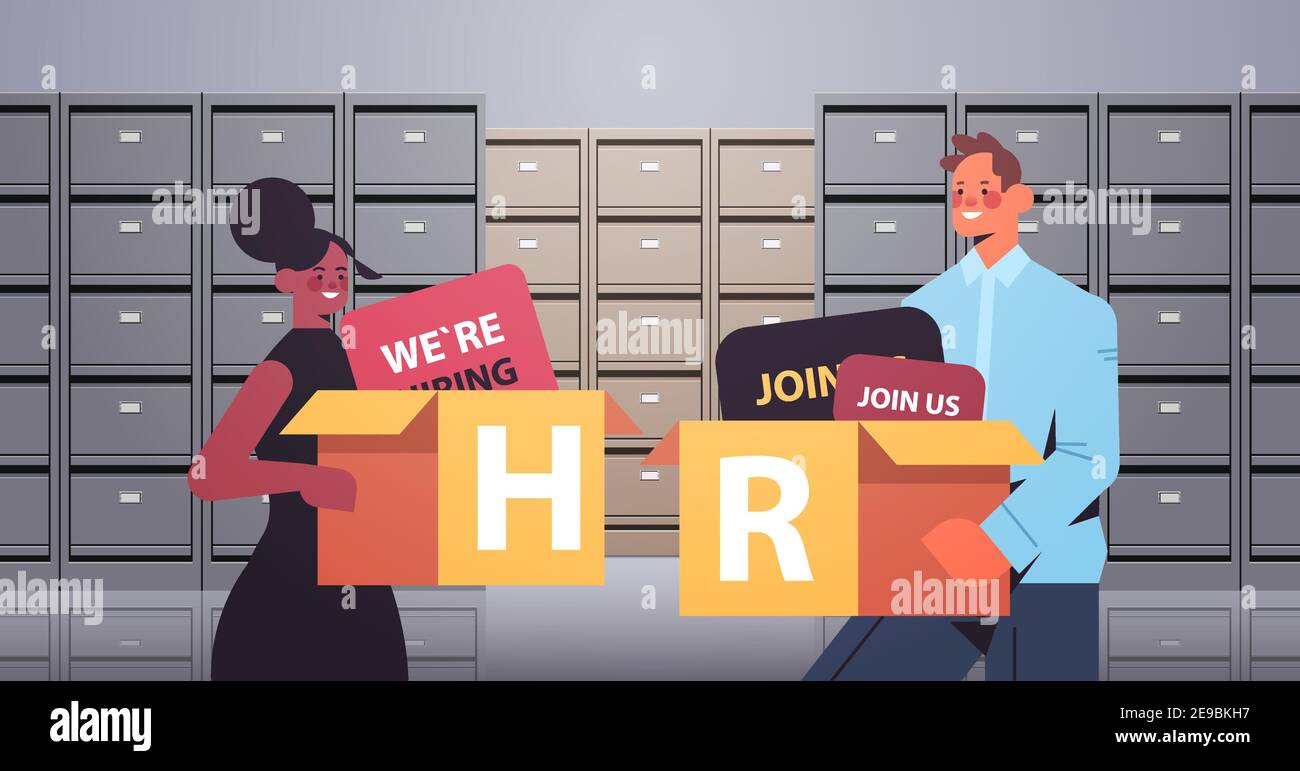 mix race HR managers couple holding cardboard boxes human resources ...