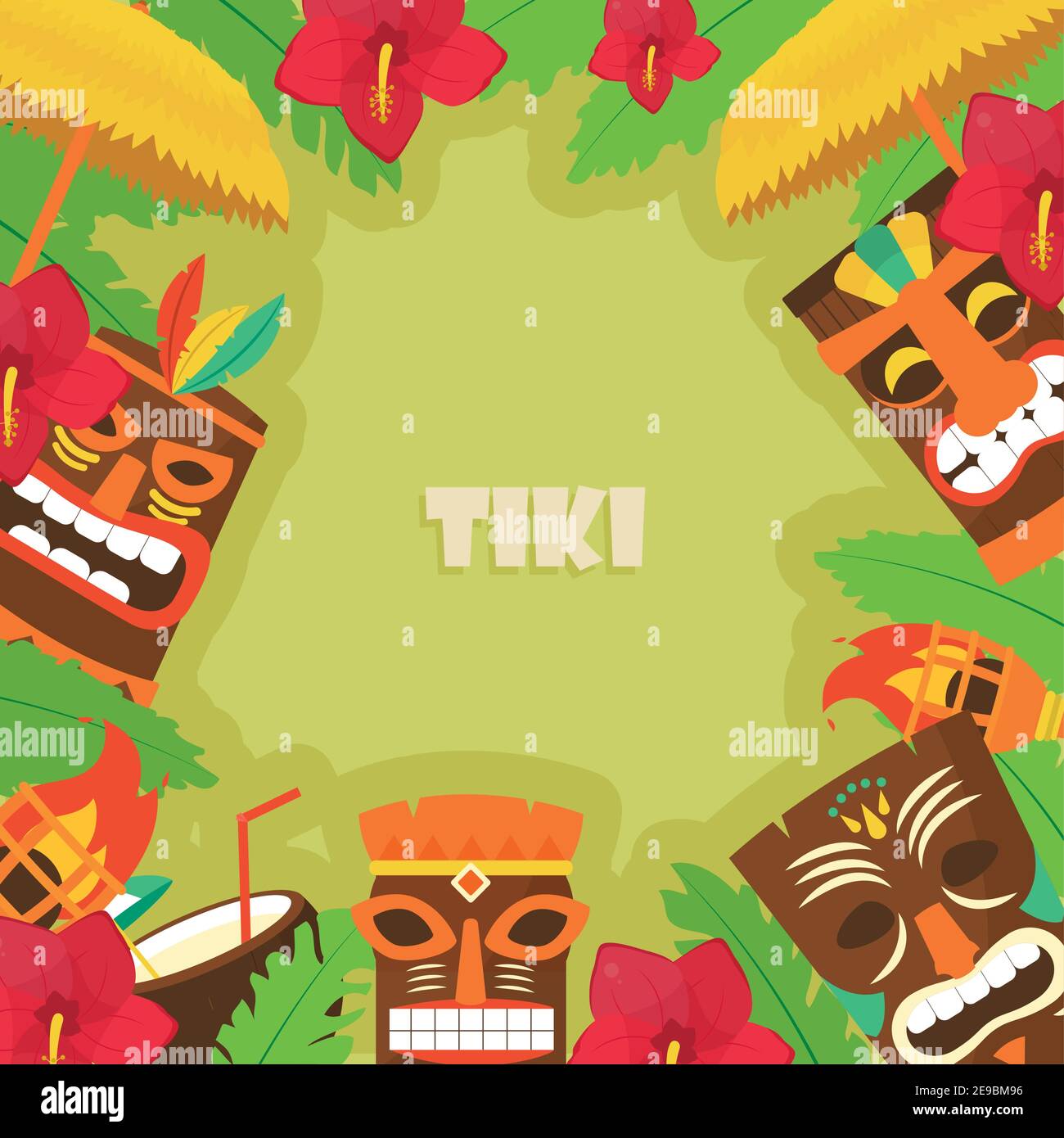 Tiki cartoons with flowers frame design of Hawaiian tropical summer and ...