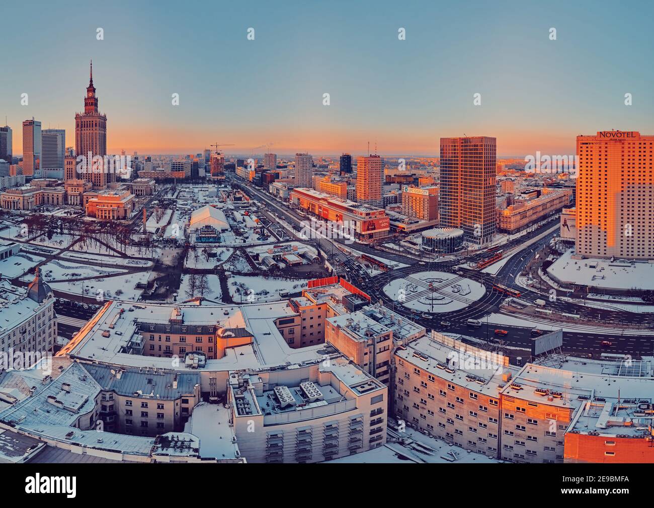 WARSAW, POLAND - JANUARY 31, 2021: Beautiful panoramic aerial drone ...