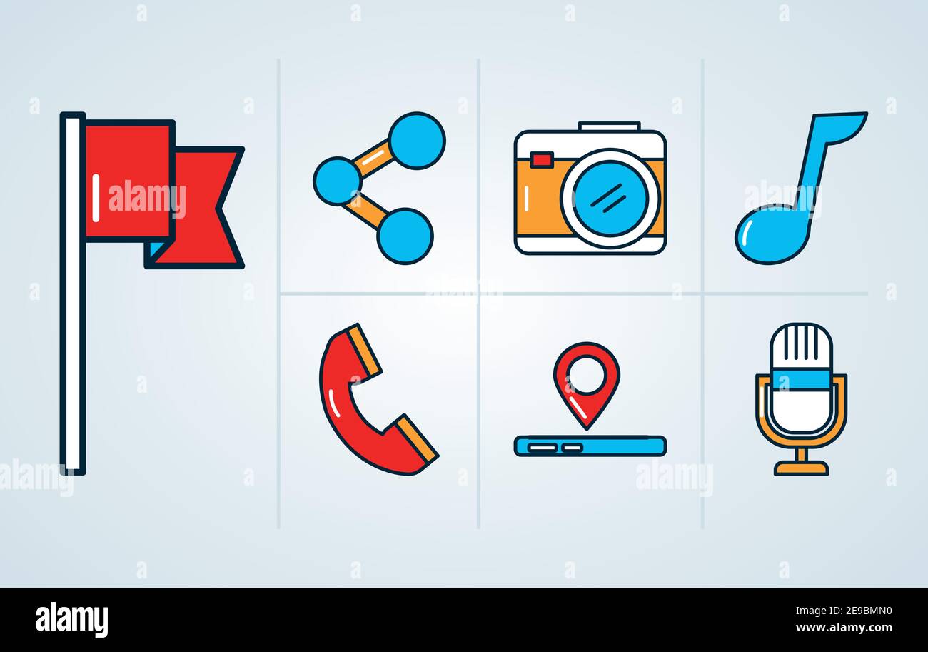 flag and social media icon set over white background, line and fill ...