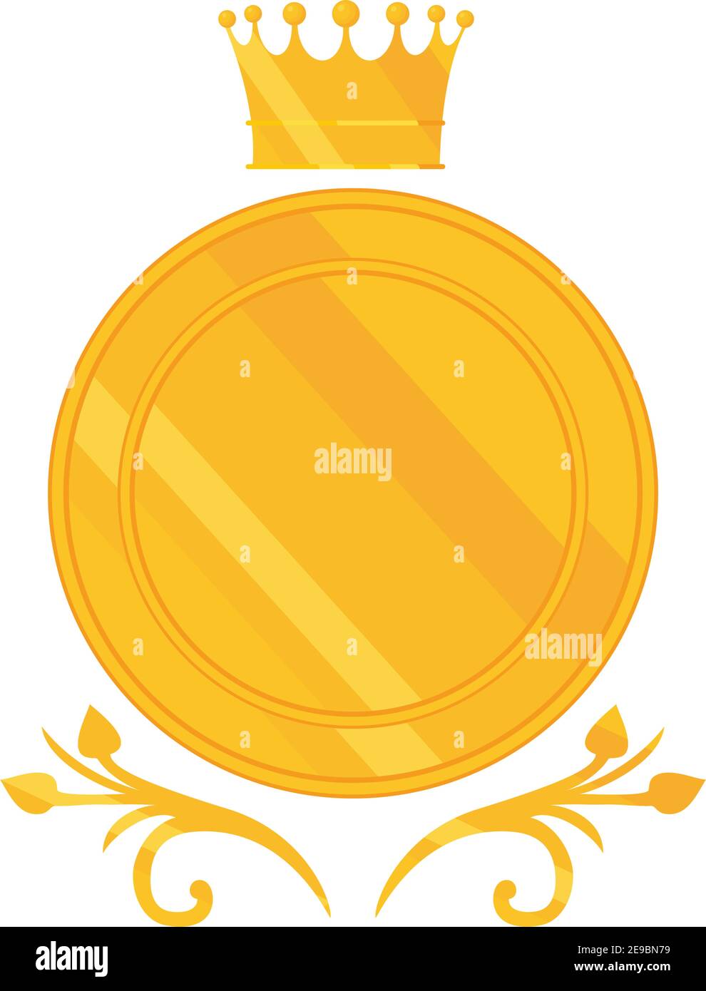 golden round shield with crown and swirls over white background ...