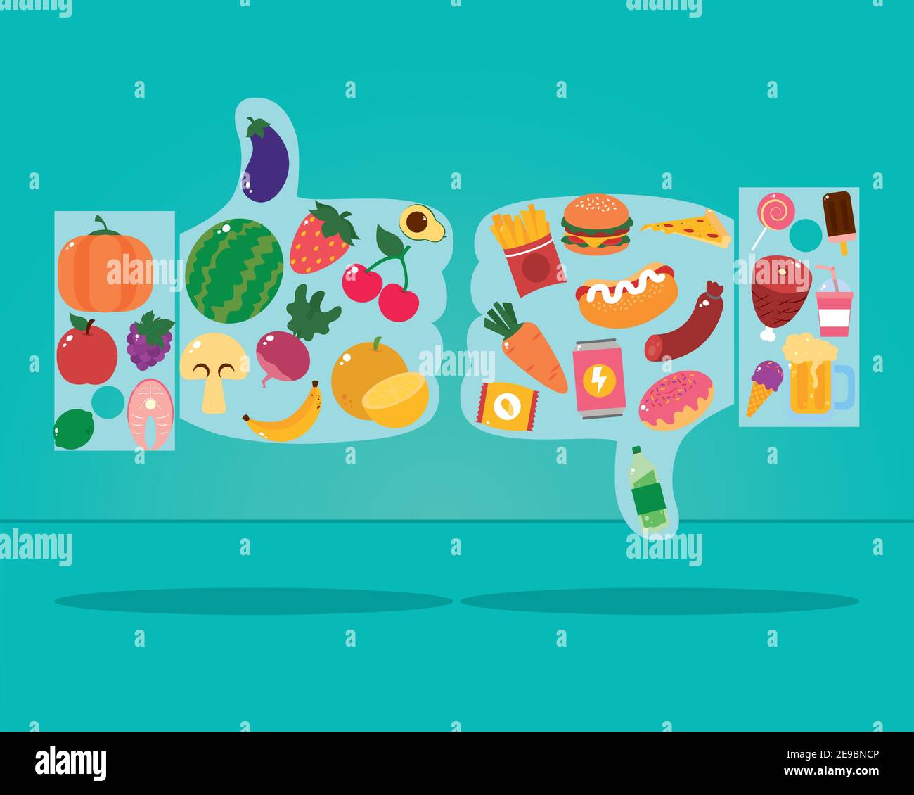 healthy and unhealthy food design with hand with thumbs up and down ...