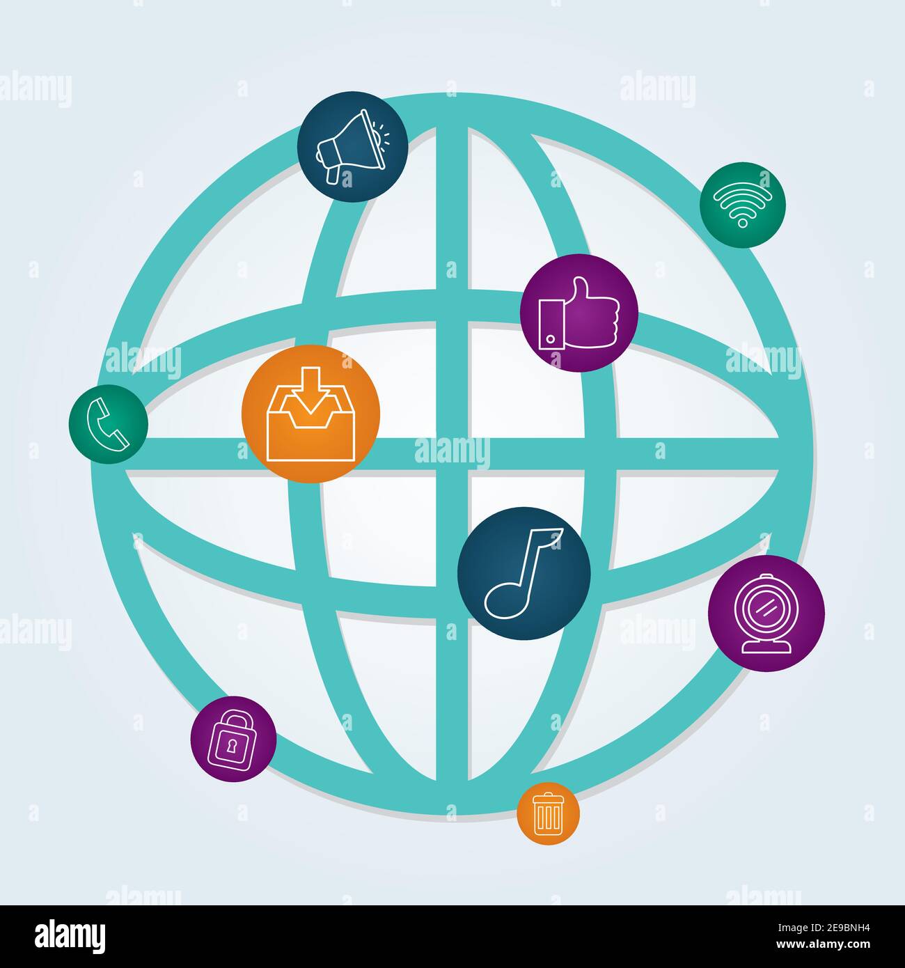 global sphere with social media icons around over white background ...