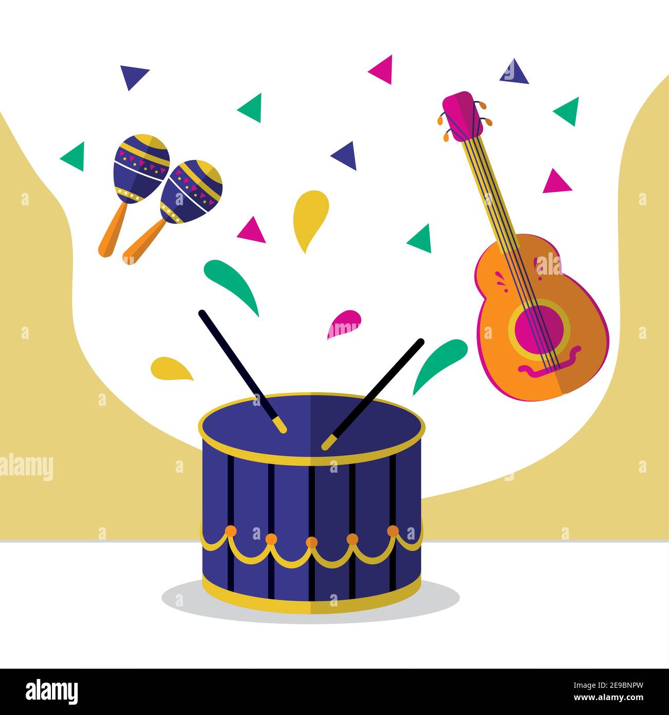 carnival concept, drum, guitar and maracas over white background ...
