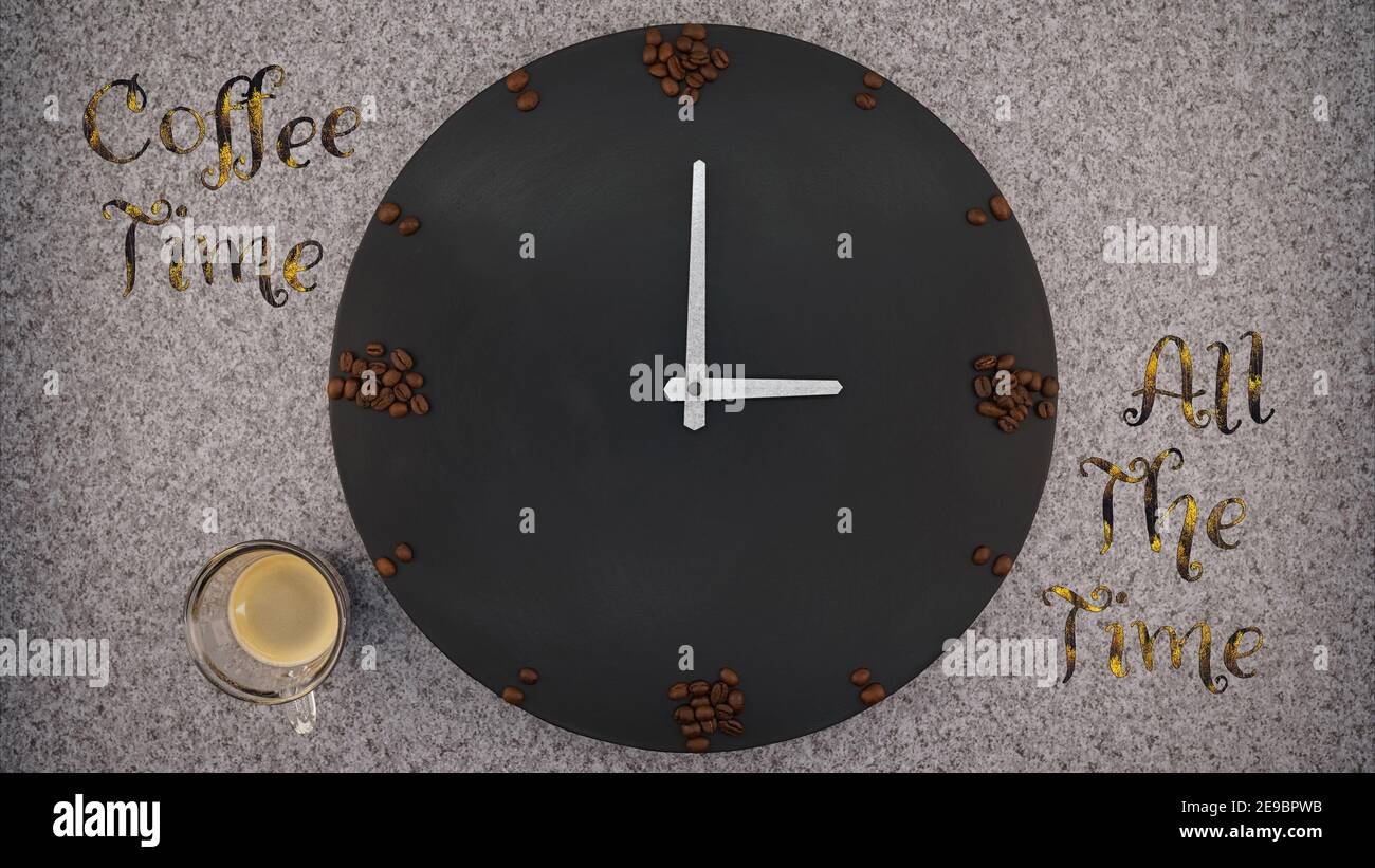 Coffee clock with roasted beans on black clock face showing the time ...