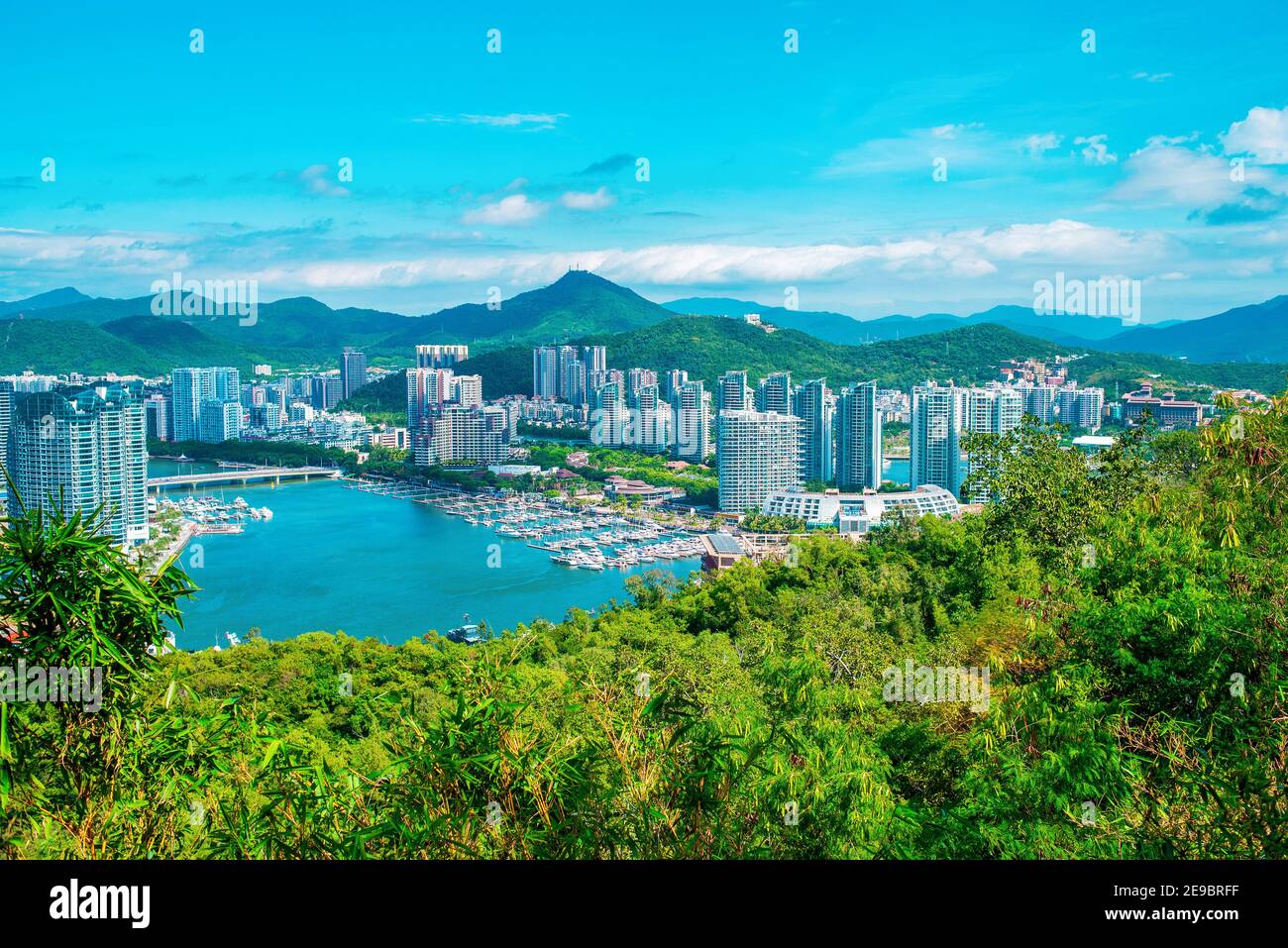 Sanya, Hainan paradise island. Aerial view of the city center from ...