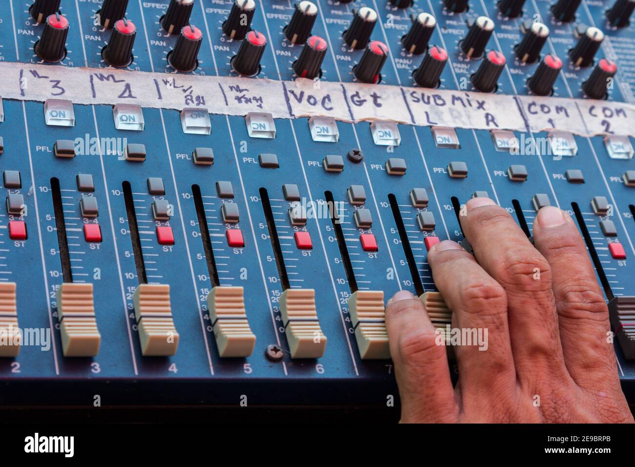 Audio mixing console closeup with hand Stock Photo - Alamy