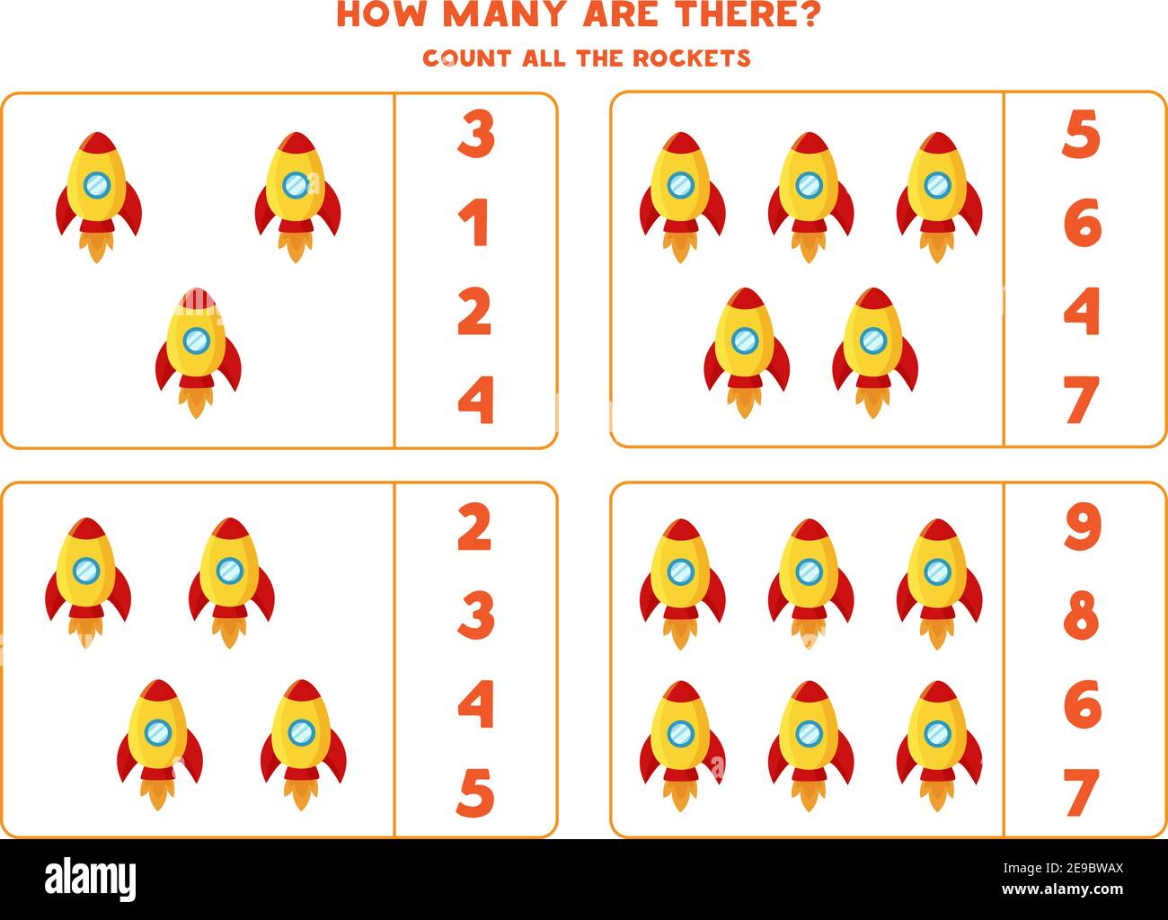Count all space rockets and write the correct number into box. Counting game for kids Stock ...