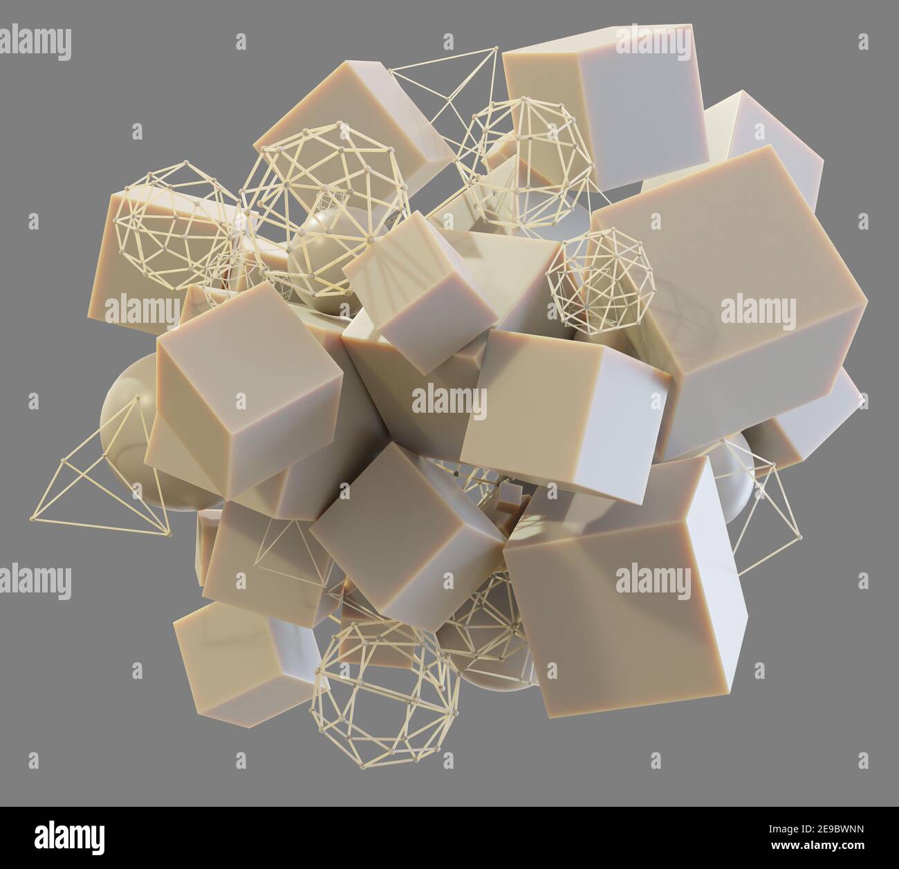 Abstract art of cubes, spheres and wireframe objects Stock Photo - Alamy