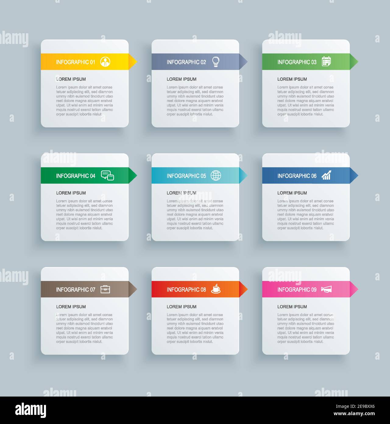 Infographics rectangle paper index with 9 data template. Vector ...