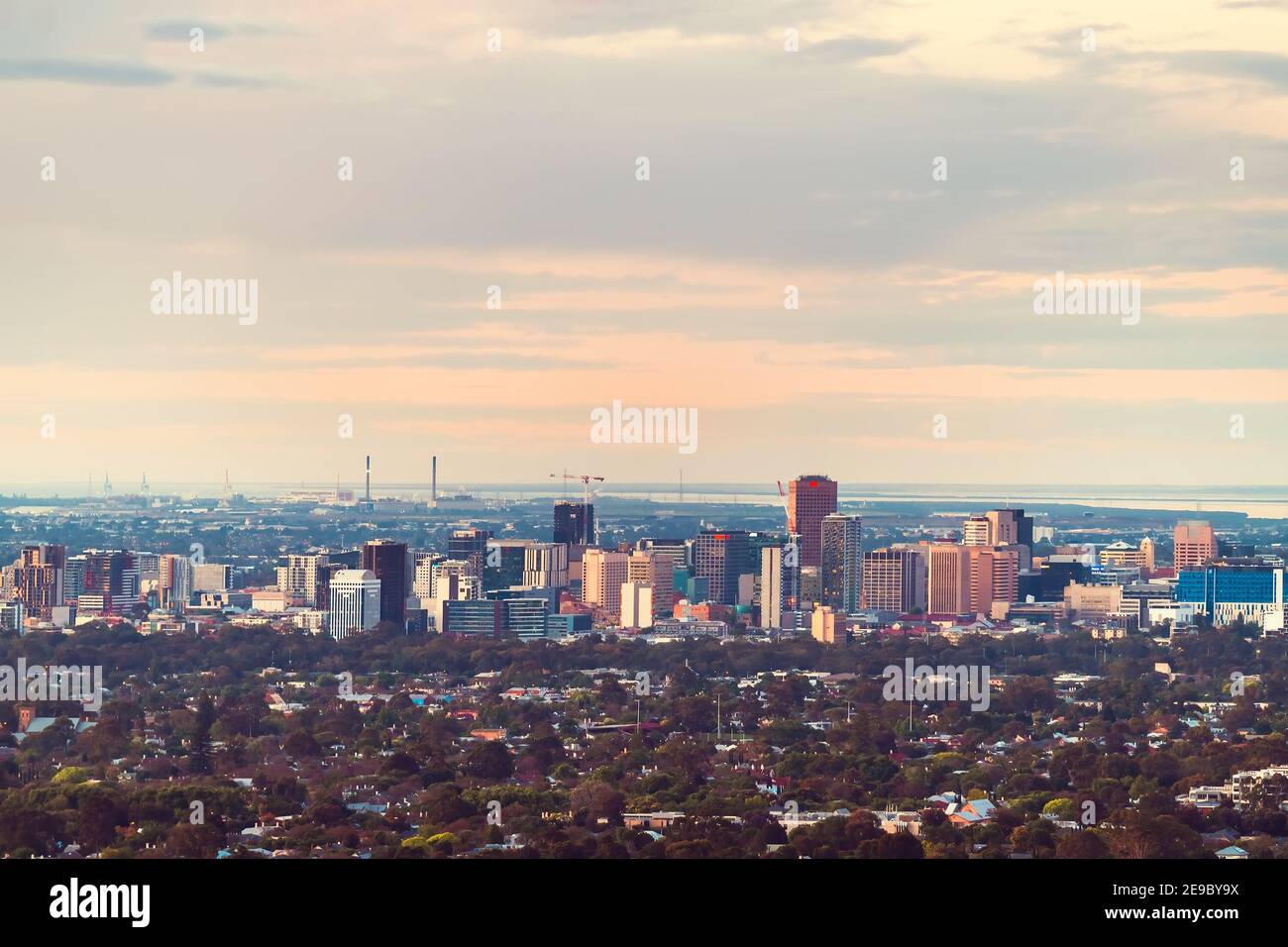 Spectacular view of Adelaide city skyline at dusk viewed from the hills ...