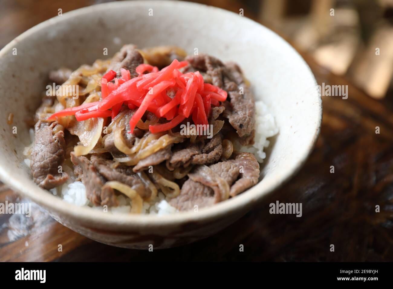 Gyudon Japanese beef rice bowl in close up Japanese local food Stock ...