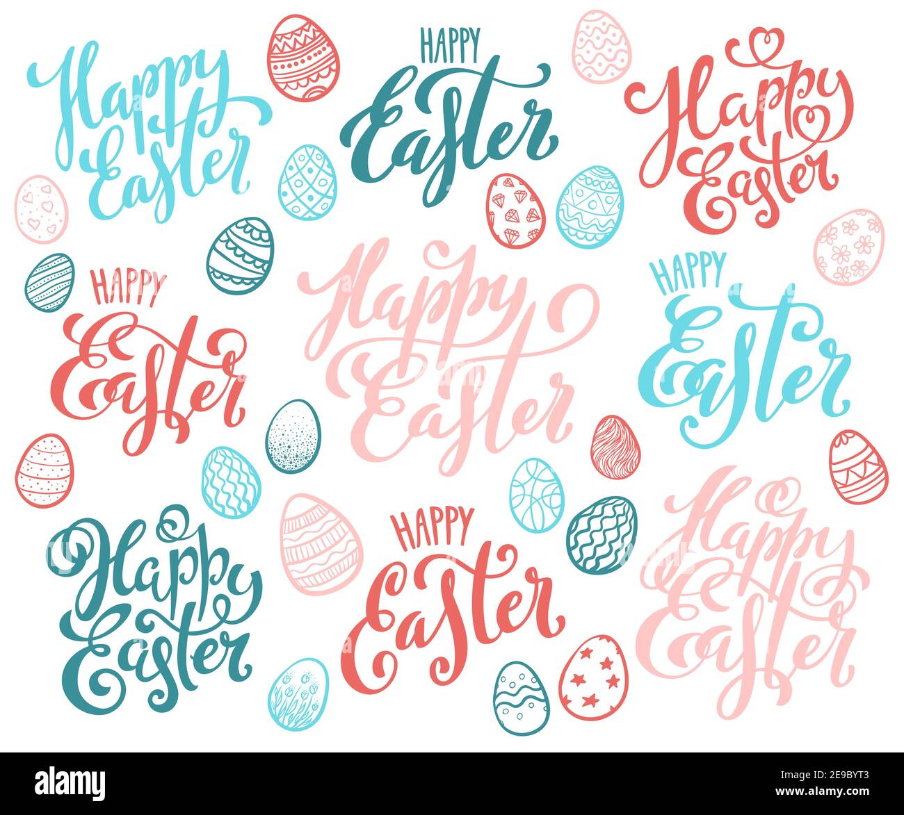Set of hand drawn calligraphy for Happy Easter. Decorative easter eggs ...