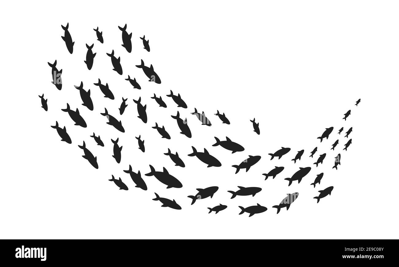 Silhouettes school of fish with marine life of various sizes swimming ...