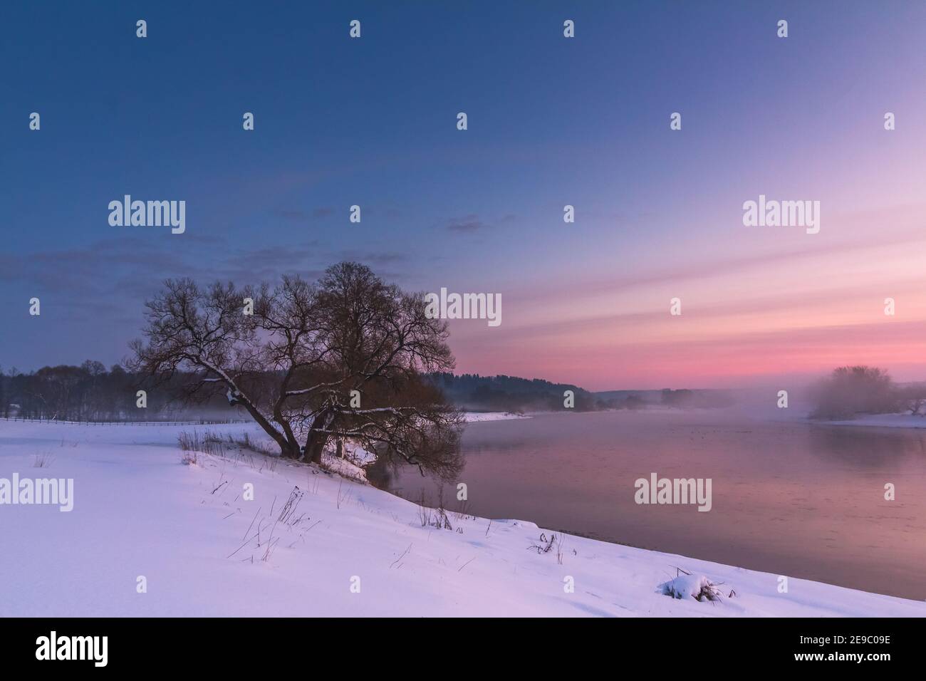 Winter evening landscape with tree, fog and a river Stock Photo - Alamy